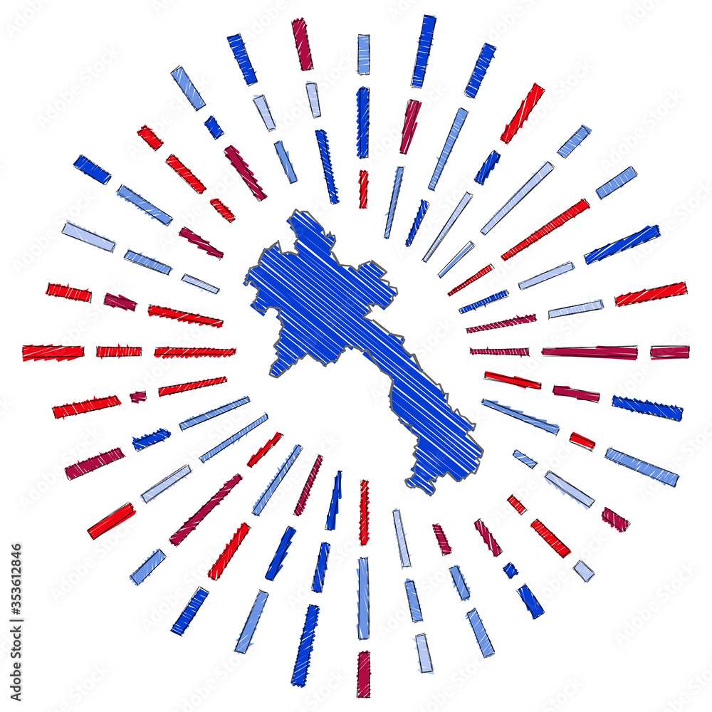 Sketch map of Laos. Sunburst around the country in flag colors. Hand ...