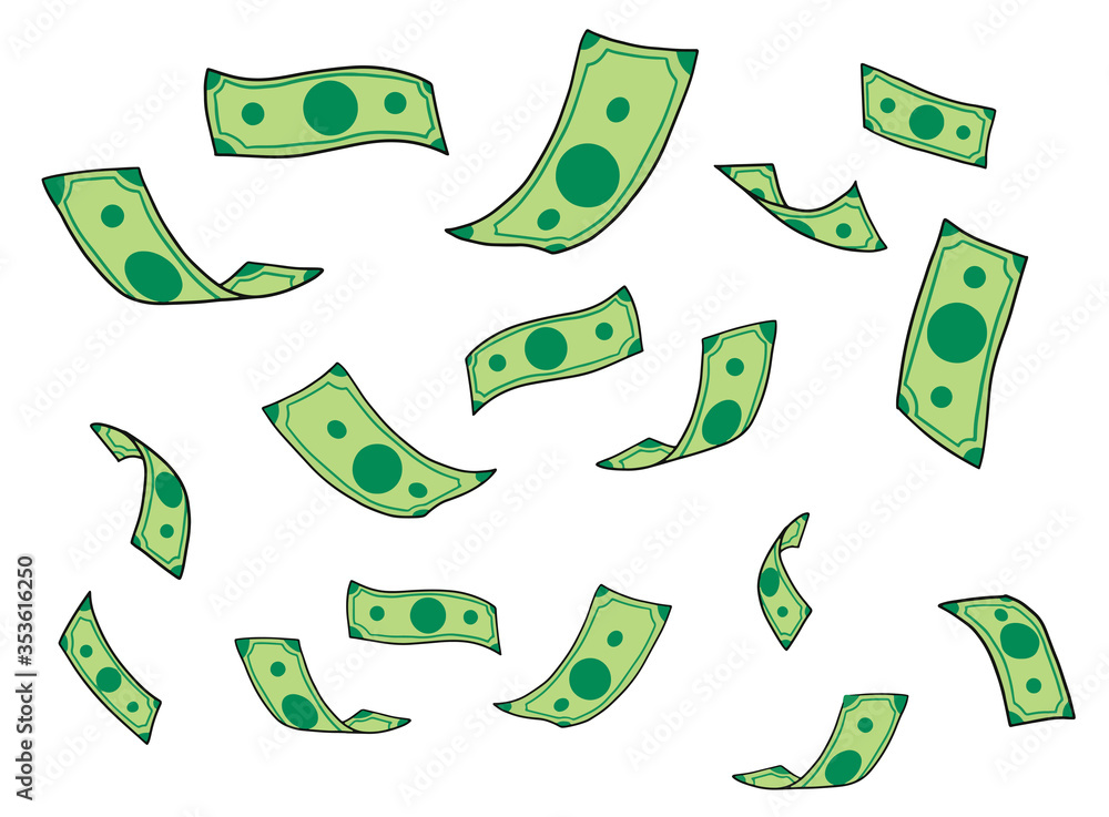 Money falling vector (drawing green banknotes falling down in the air ...