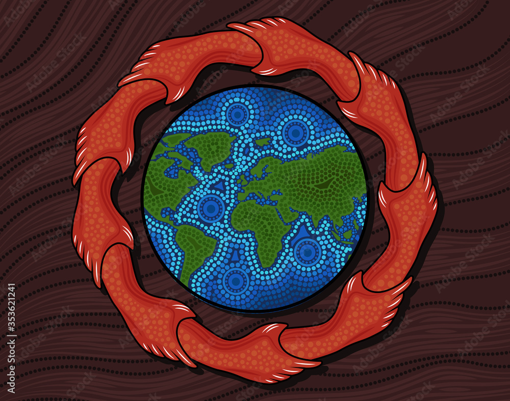 Save the planet together. Aboriginal dot art vector painting เวกเตอร์ ...