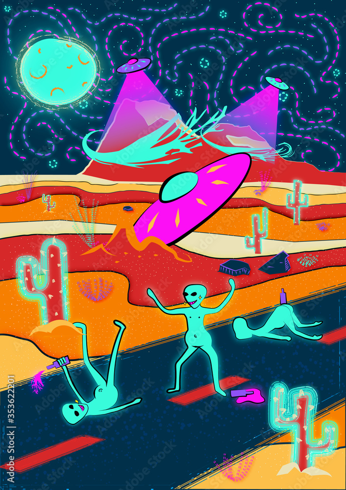 Glowing background wallpaper of three drunk alien on street which ...