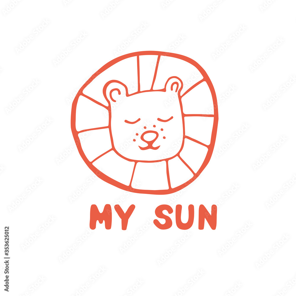 my sun.epsHand drawing of a red lion text on a white background. In ...