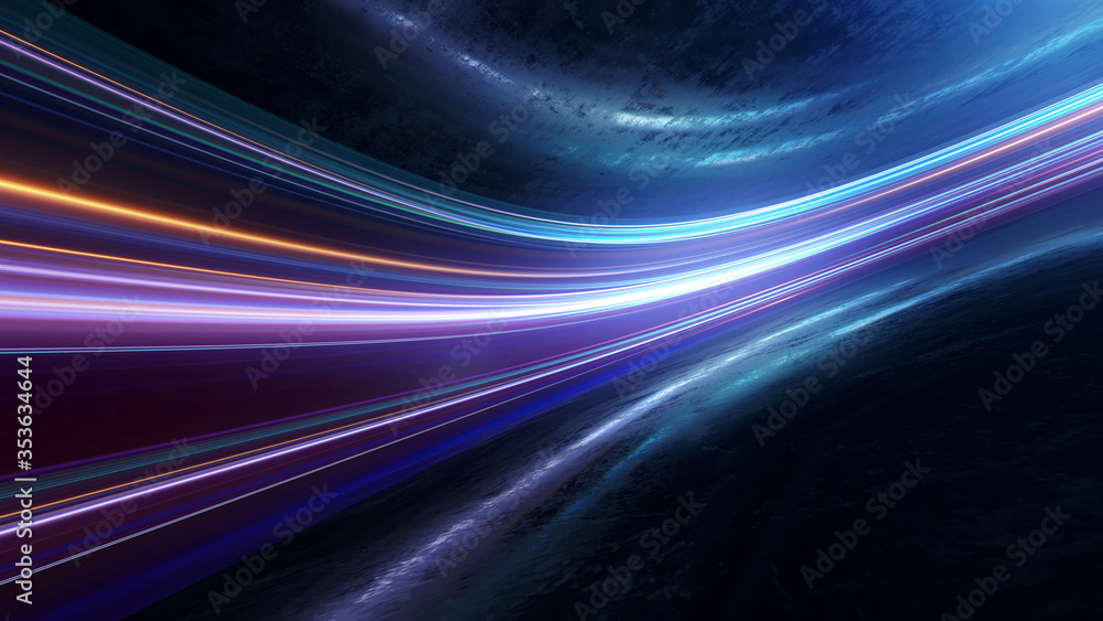 Light and stripes moving fast over dark background and are reflected in ...