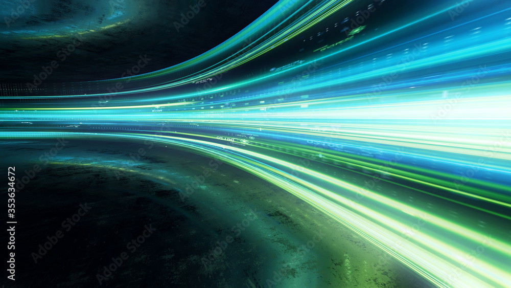 Light and stripes moving fast over dark background and are reflected in ...