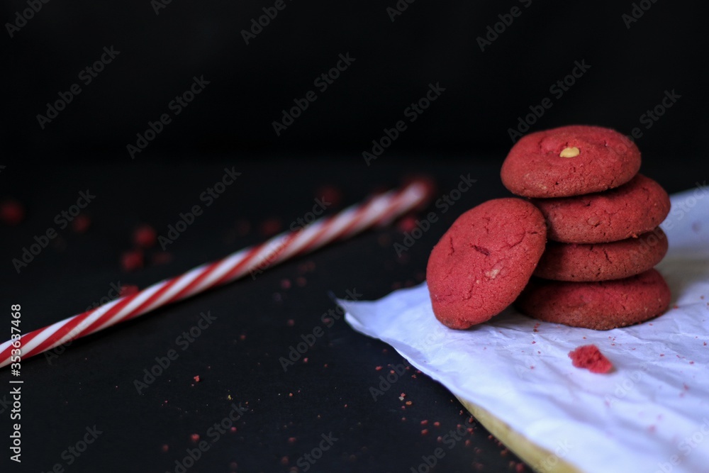 Red Velvet Cookies on a butter paper with dark background Stock Photo ...