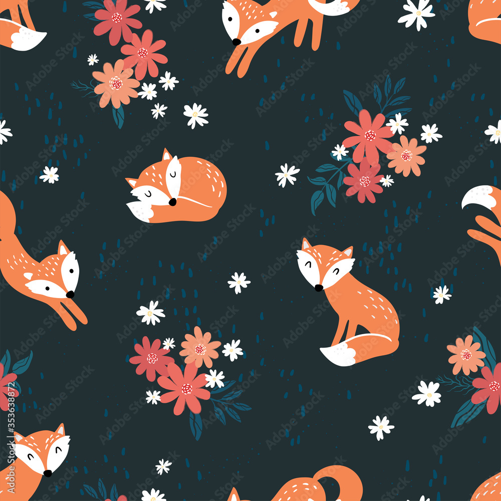 Lovely doodle fox seamless pattern, cute hand drawn background - great for Kids, on textiles ...