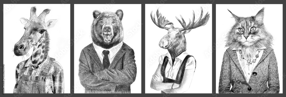 Animals in clothes. People with heads of animals. Concept graphic ...