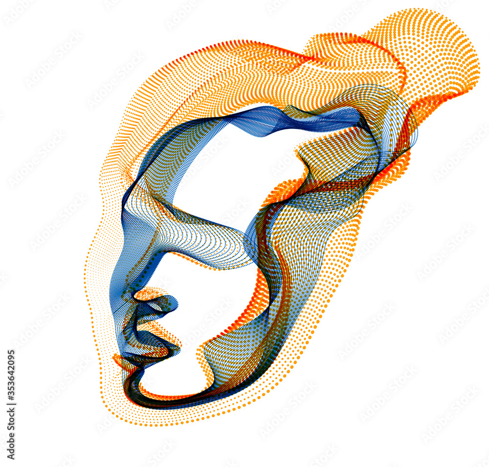 Abstract artistic human head portrait made of dotted particles array ...