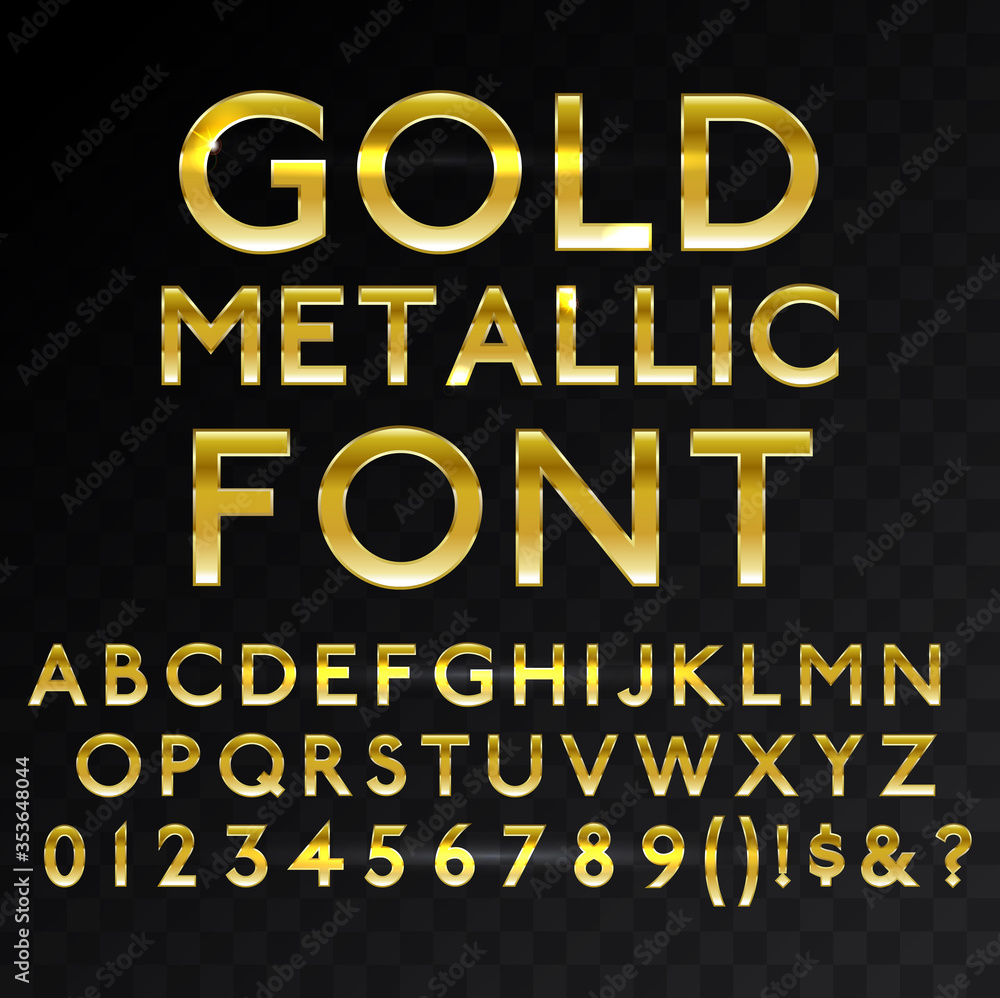Gold metallic glossy vector font or gold style alphabet. Yellow metal ...