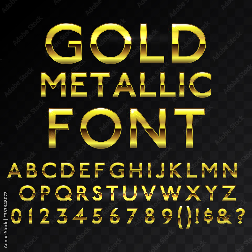 Gold metallic glossy vector font or gold style alphabet. Yellow metal ...