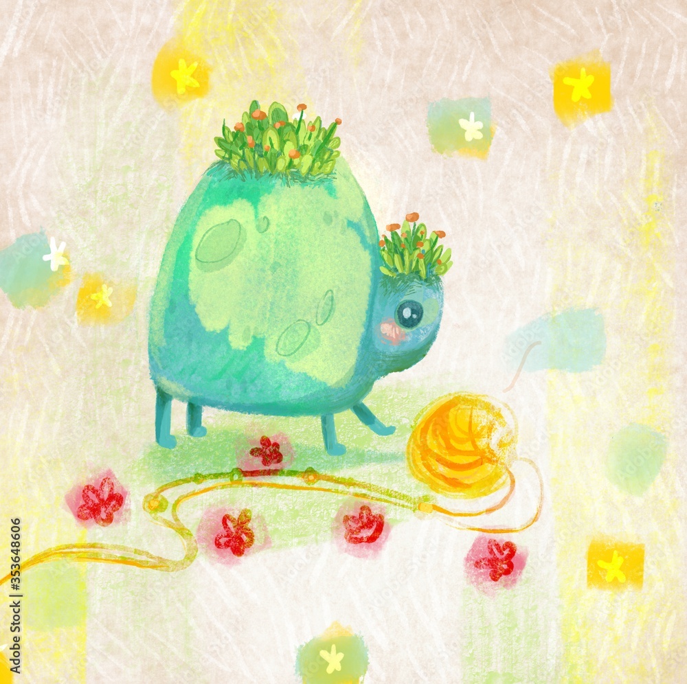 A cute little monster, like a stone covered with moss. Fantasy creature ...