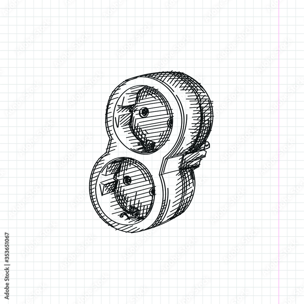 Hand-drawn sketch of power plug adapter 2 side outlets. Electric tee ...