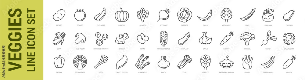 Veggies line icon set. Vector isolated vegetables Stock Vector | Adobe ...