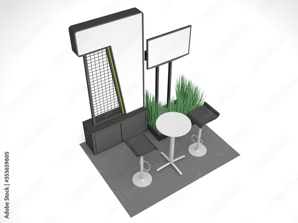 3d illustration stand booth 2x2 m with blank space poster banner logo ...