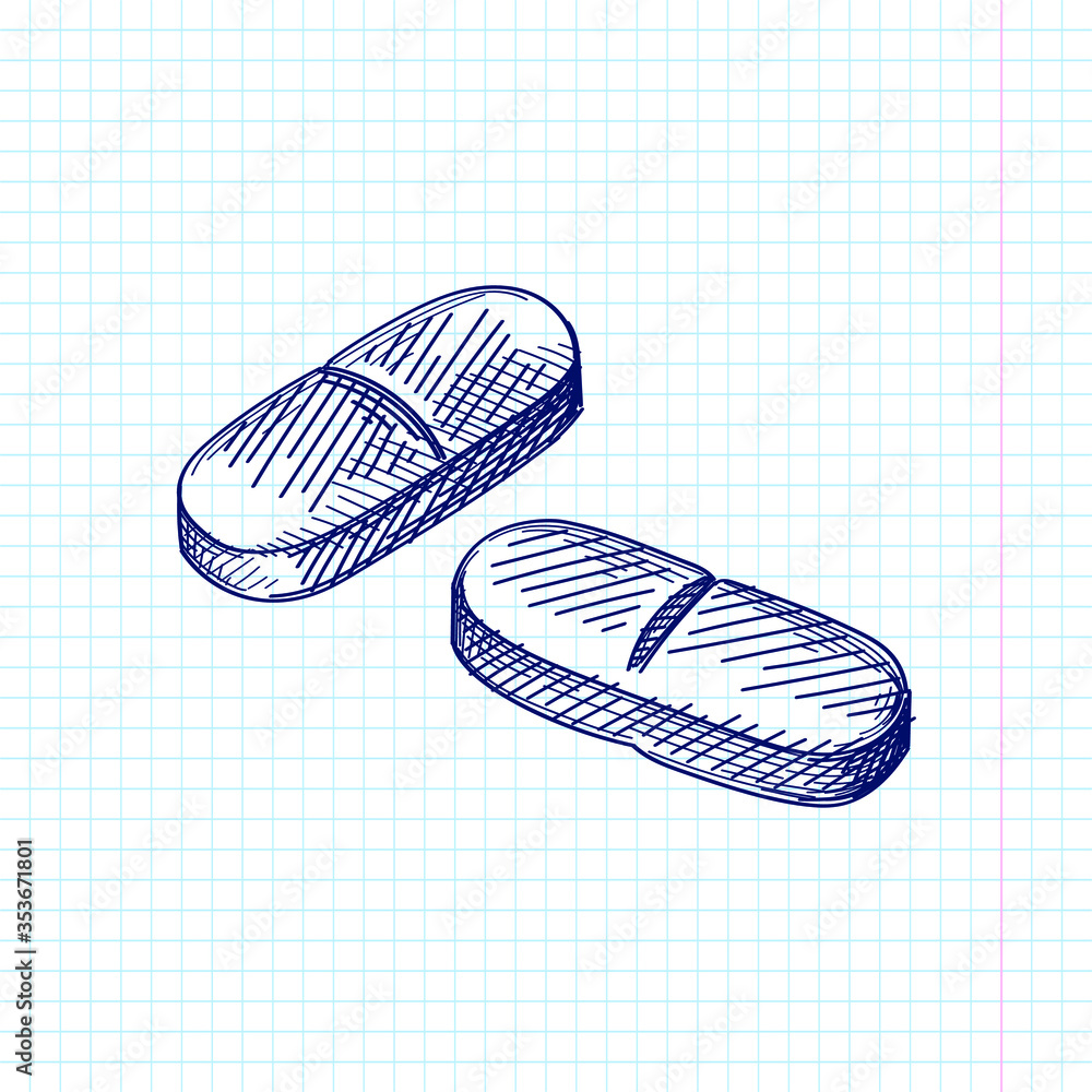 Hand-drawn sketch of two long white pills. Medical tools. First aid ...