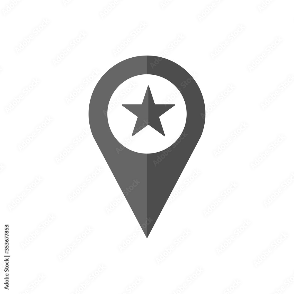 Vector map geo point with star icon. Map pin filled flat sign for ...