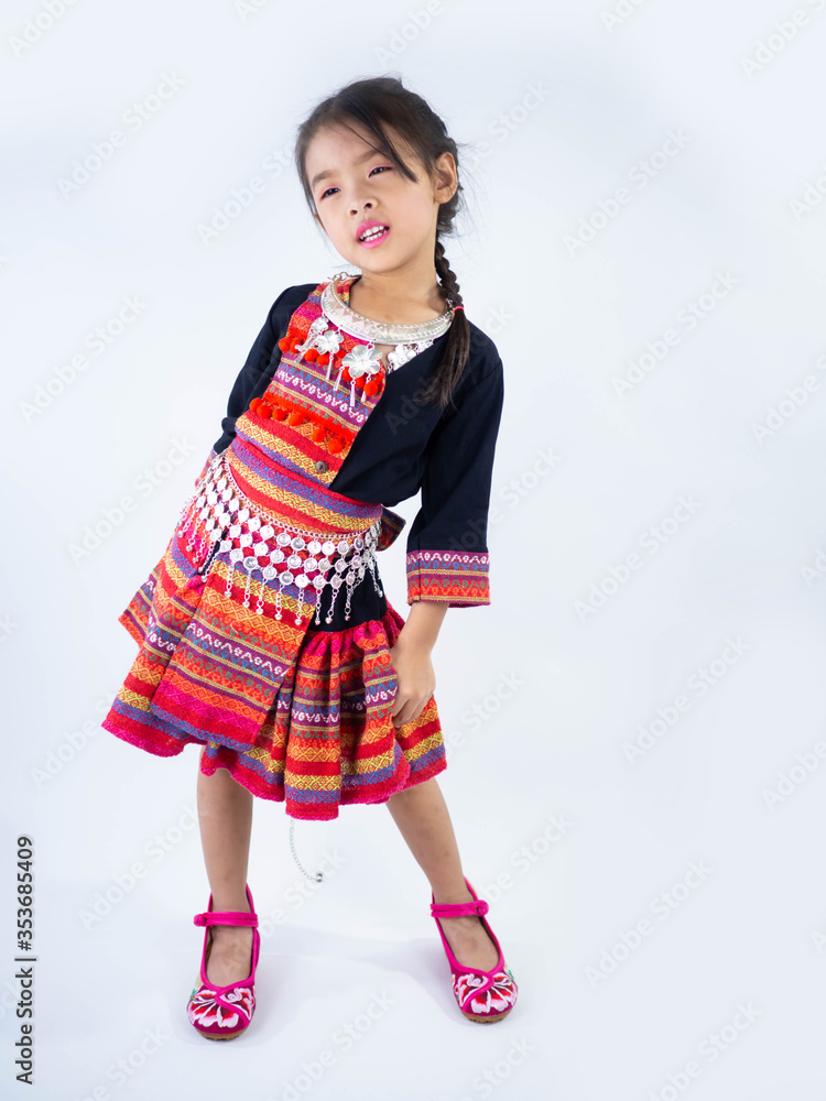 Hmong children little girls wearing traditional dress Dancing on white ...