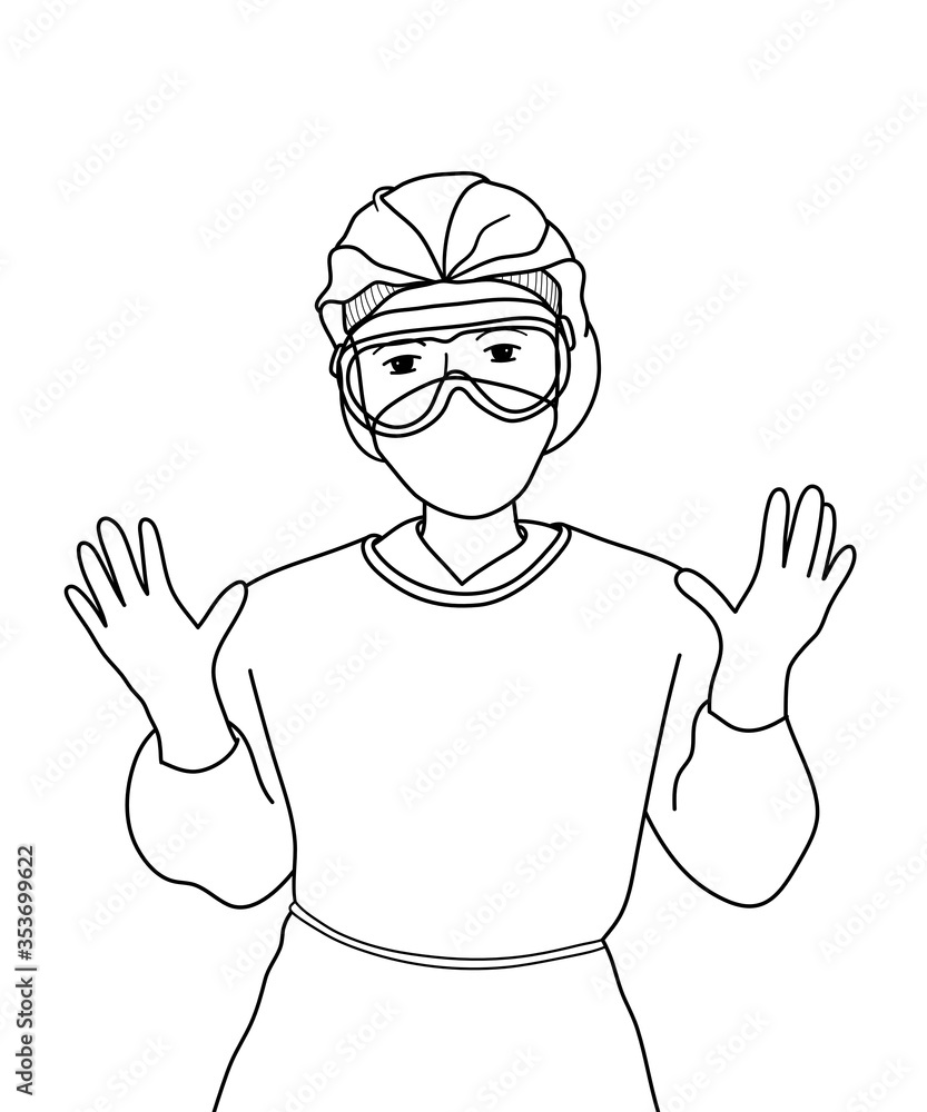 vector simple line draw doctor wearing personal protective equipment ...