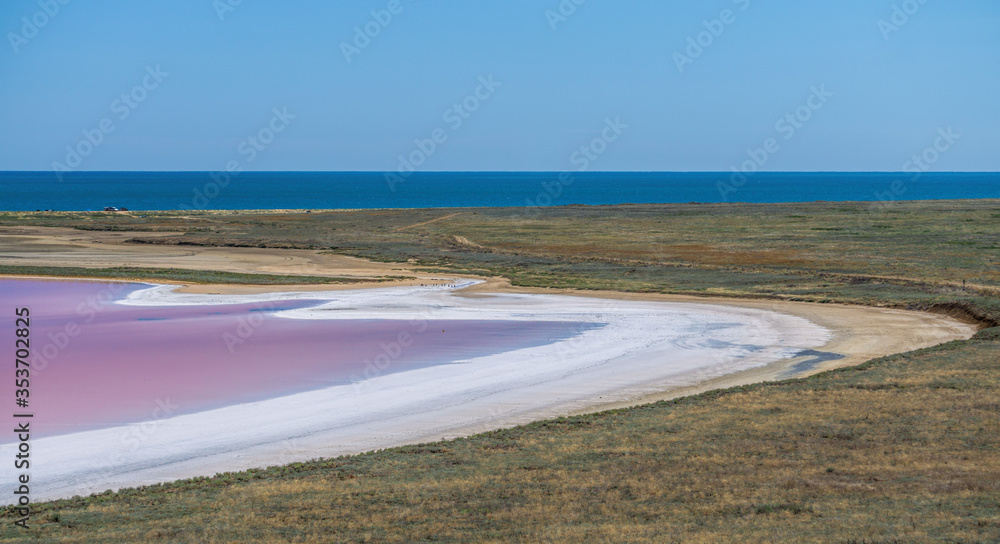 Foto de Brine and salt of a pink lake Koyash colored by microalgae ...