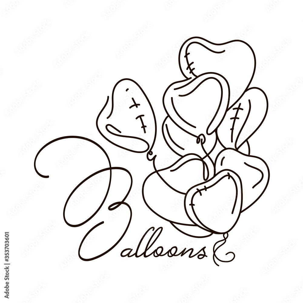 One line drawing heart balloons sketch isolated on white background ...