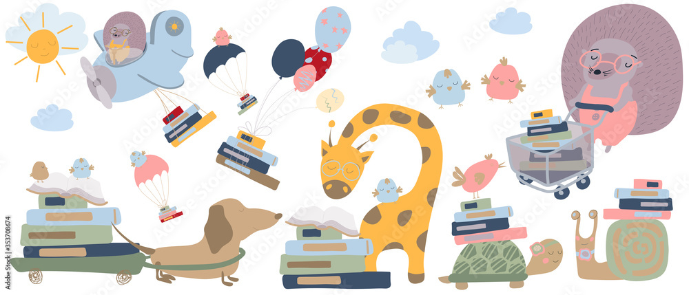 Set of vector animals. Animals read books. Hedgehog and dog are ...