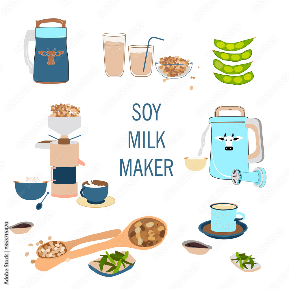 Soy milk maker or soy cow hand drawn doodle cartoon set. Organic drink ...