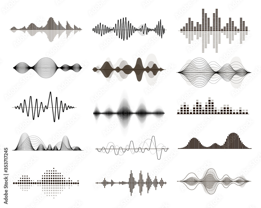Vector sound waves set. Audio Music waveform, electronic equalizer curve, digital voice signal ...