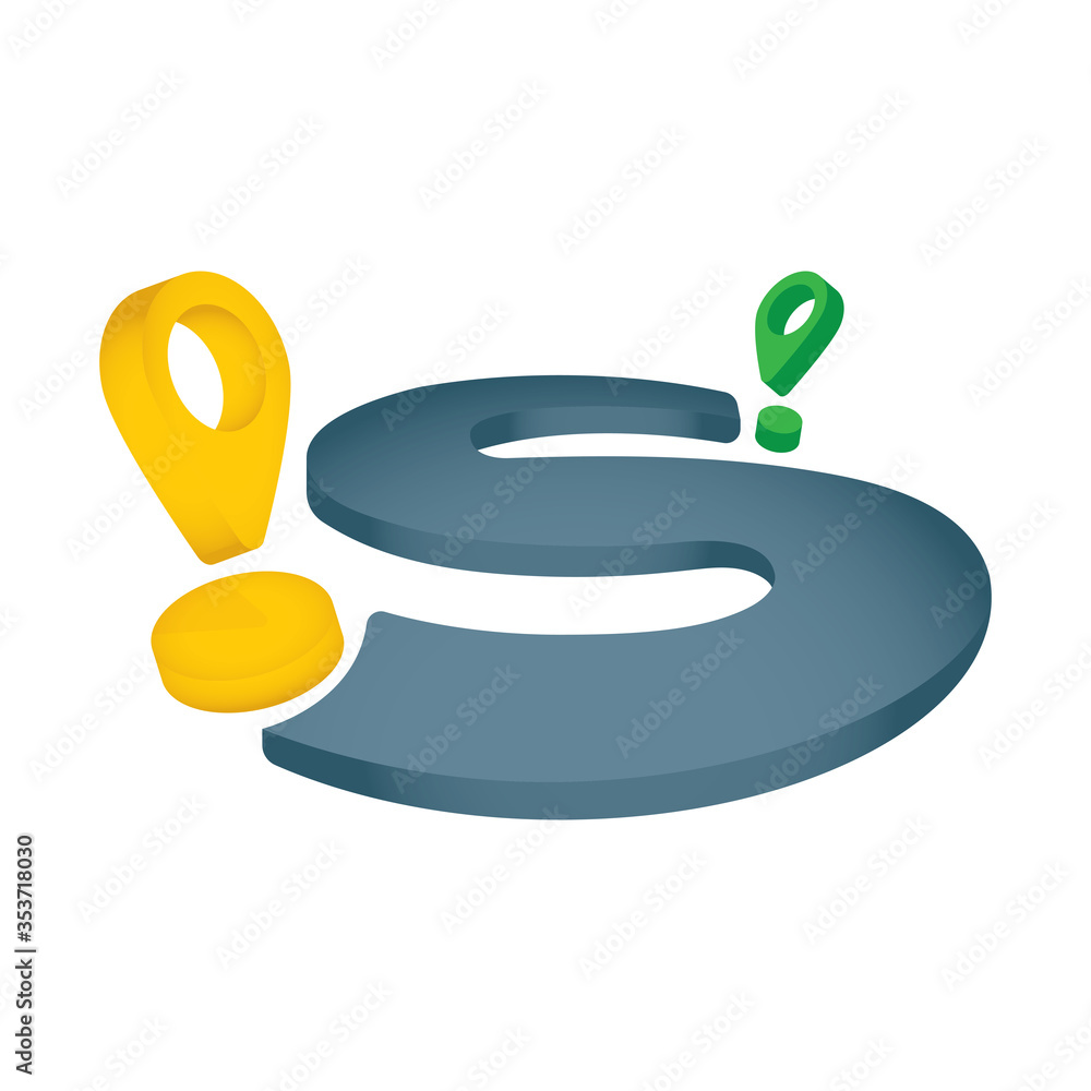 Road. Cartoon style road with start and end map pins. Route location ...