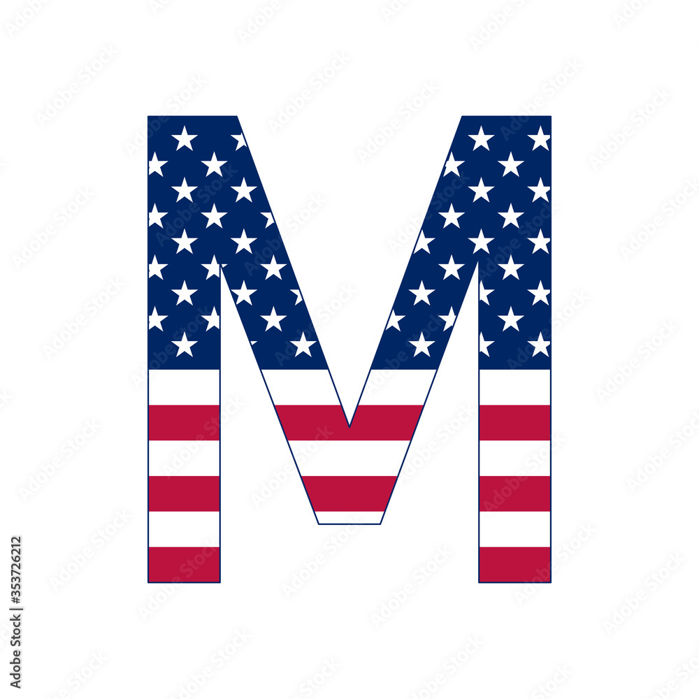 Letter M with stars and stripes. American flag lettering font. Vector ...