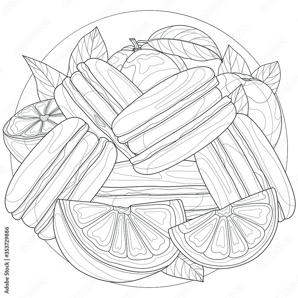 Macaroons with orange and lemon.Sweets.Coloring book antistress for ...