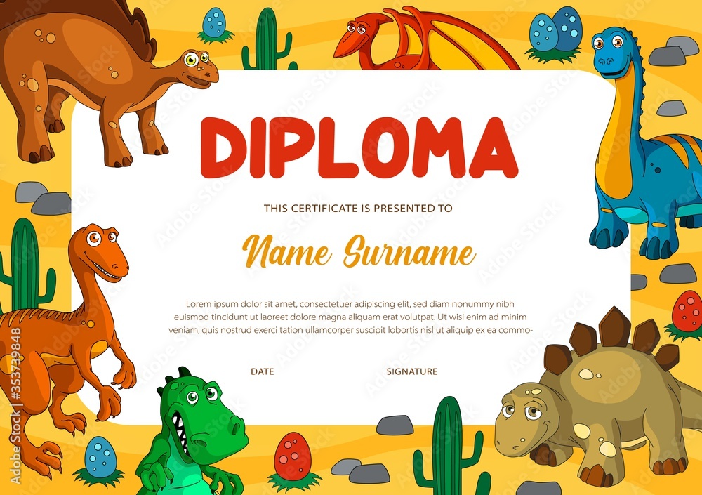 Education diploma certificate vector template with dinosaur animals ...