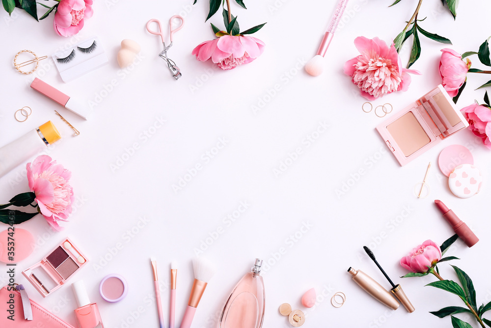 Beauty background with facial cosmetic products and peonies on white ...