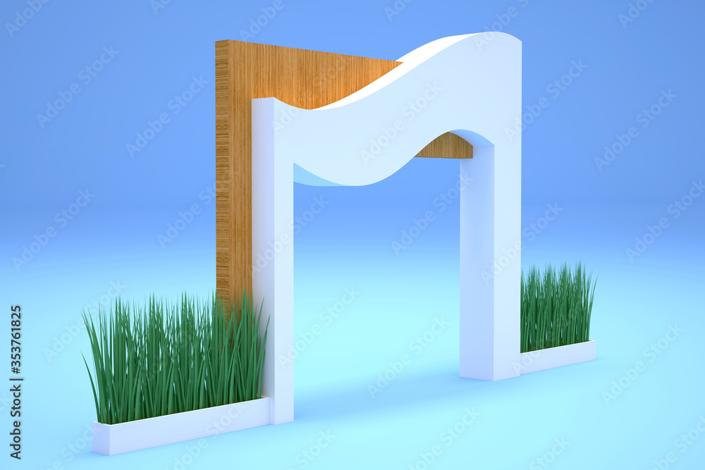 3d illustration gate entrance blank space logo company with wooden ...