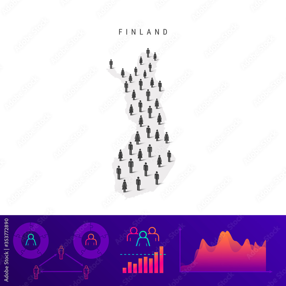 Finnish people icon map. Detailed vector silhouette. Mixed crowd of men ...