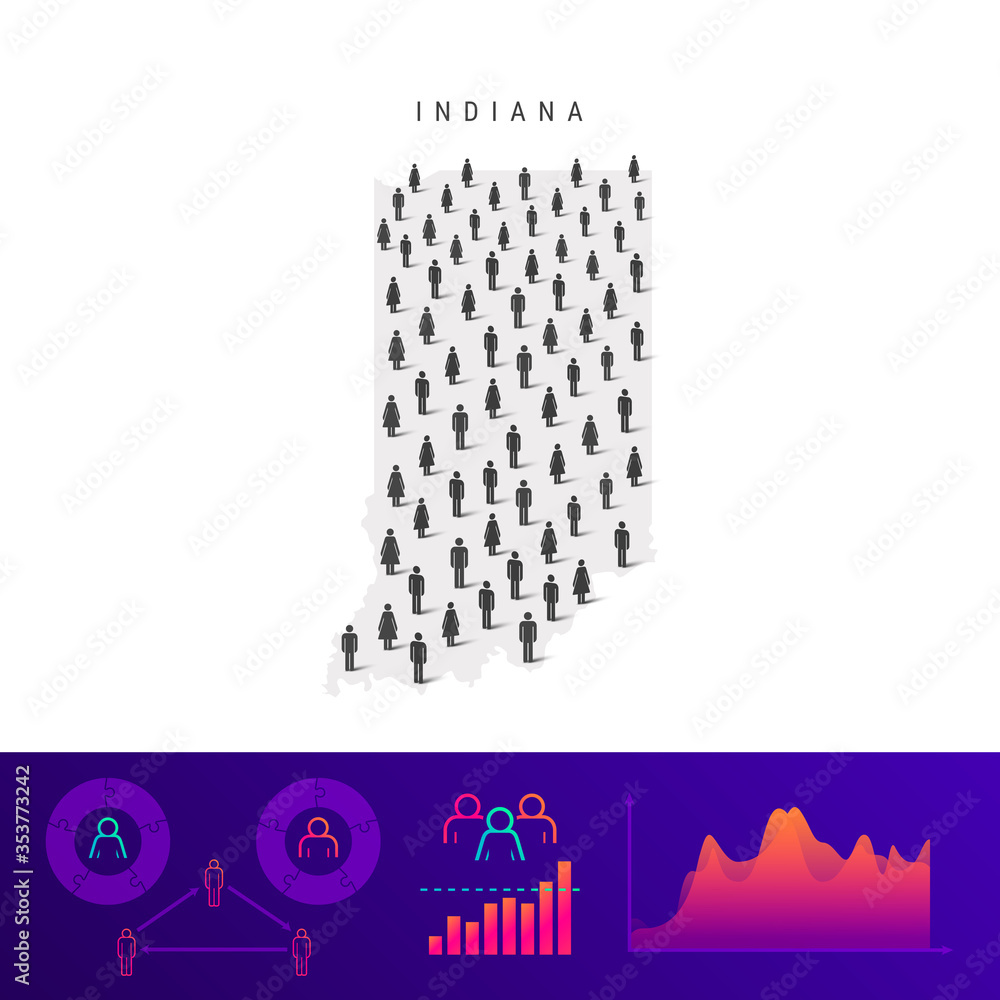 Indiana people map. Detailed vector silhouette. Mixed crowd of men and ...