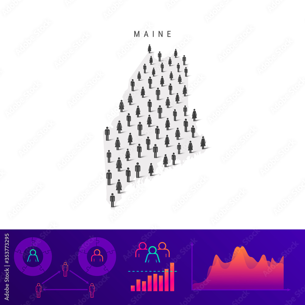 Maine people map. Detailed vector silhouette. Mixed crowd of men and ...
