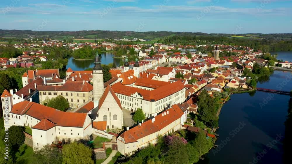 Aerial landscape of small Czech town of Telc with famous Main Square ...