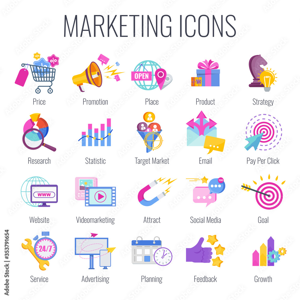 Marketing icons. Marketing mix infographic. Strategy and management ...