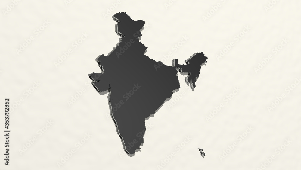 map of India from a perspective on the wall. A thick sculpture made of ...
