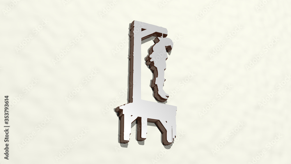 hanged man on the wall. 3D illustration of metallic sculpture over a ...