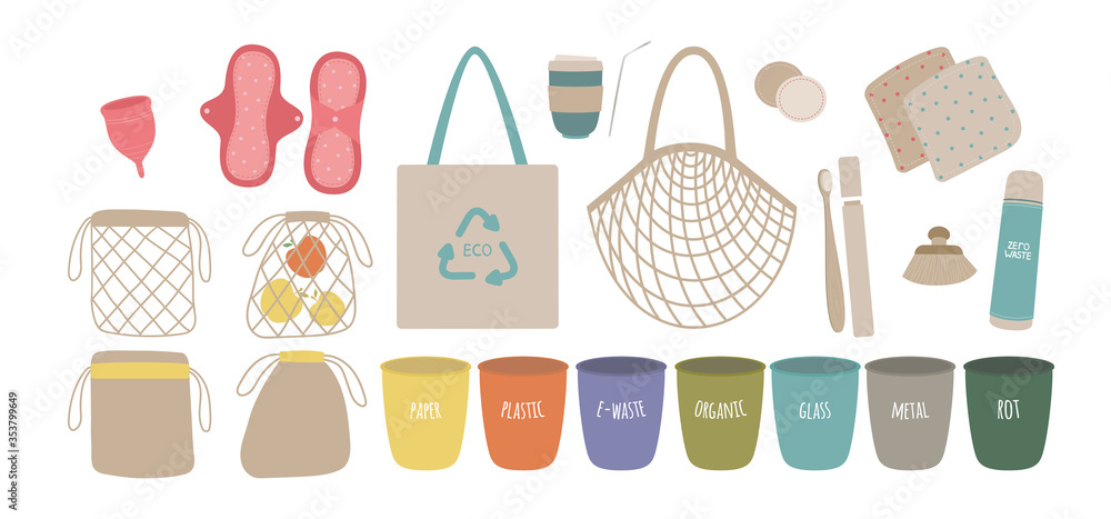 Hand drawn set of zero waste design elements. Zero waste, waste reduce ...