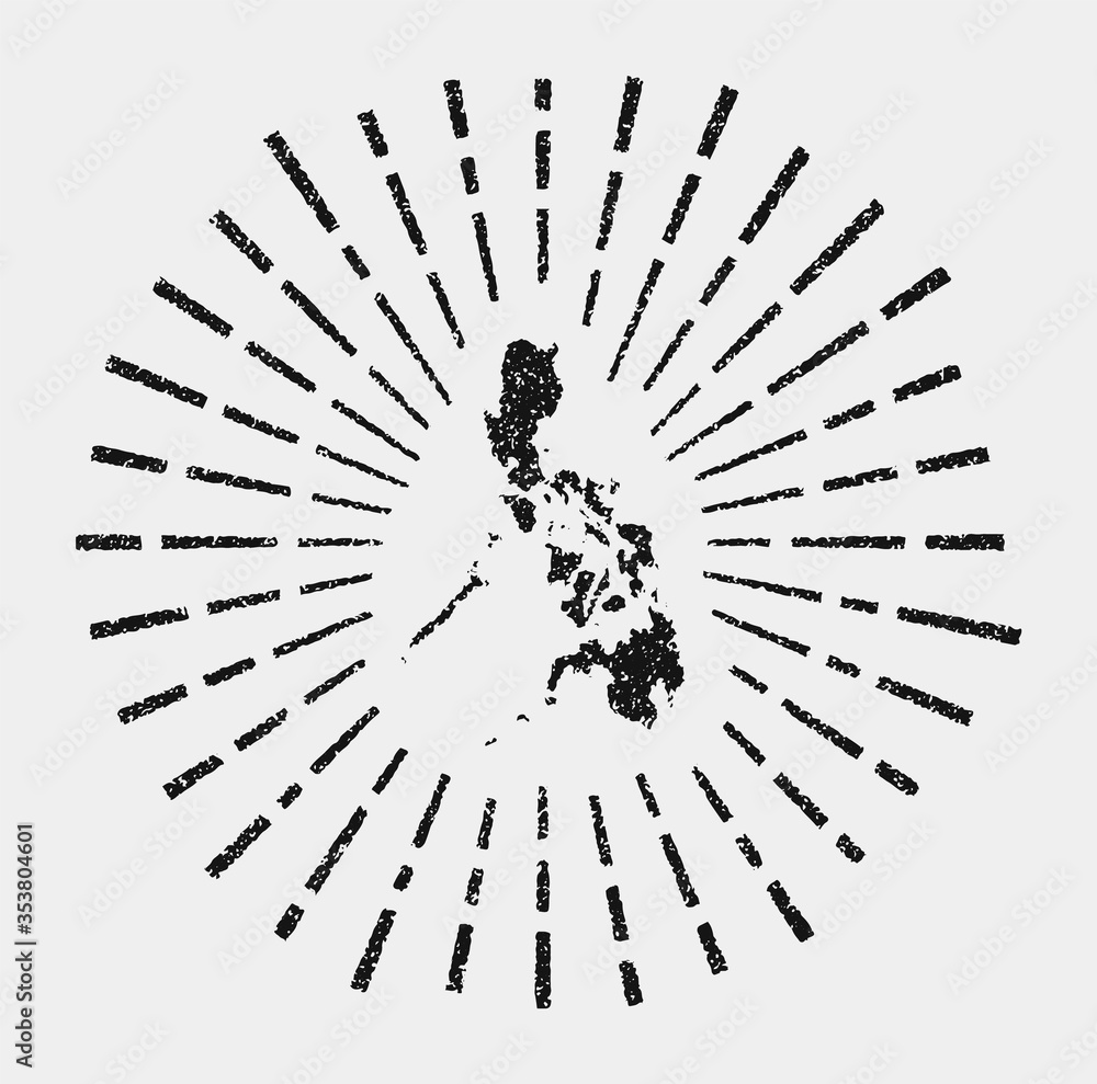 Vintage map of Philippines. Grunge sunburst around the country. Black ...