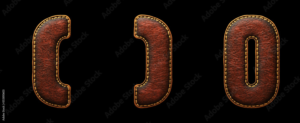 Set of symbols left and right parentheses, number 0 made of leather. 3D ...
