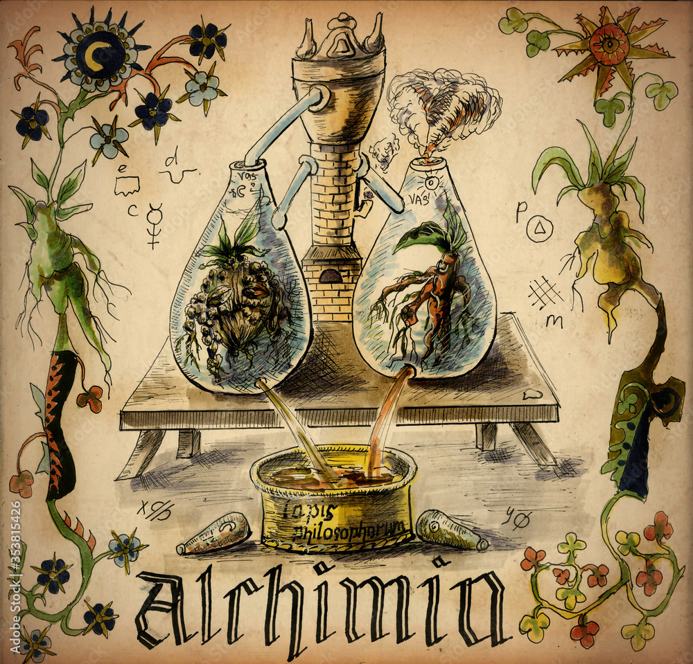 Watercolor illustration of the alchemical laboratory. Making the ...
