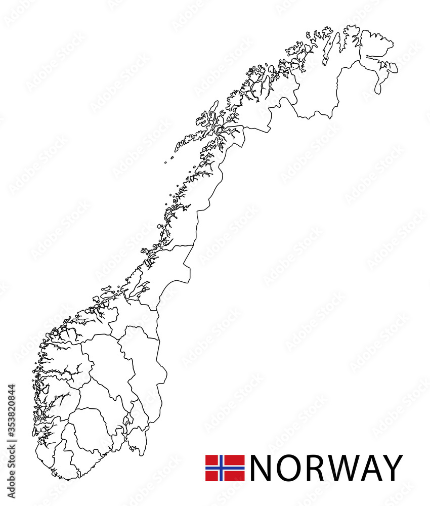 Norway map, black and white detailed outline regions of the country ...