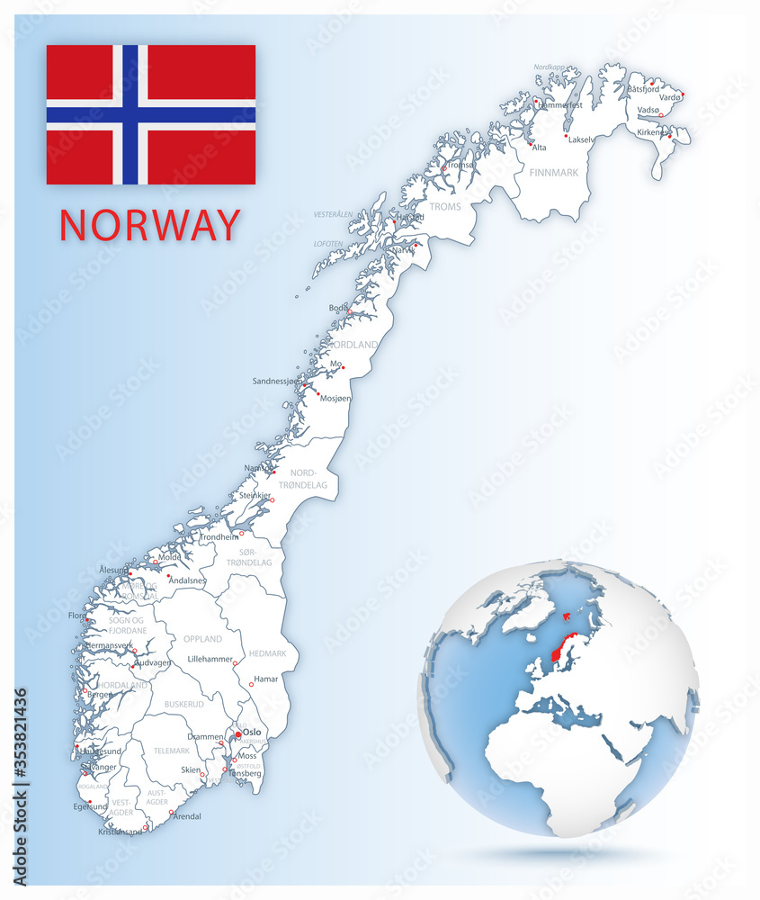 Detailed Norway administrative map with country flag and location on a ...