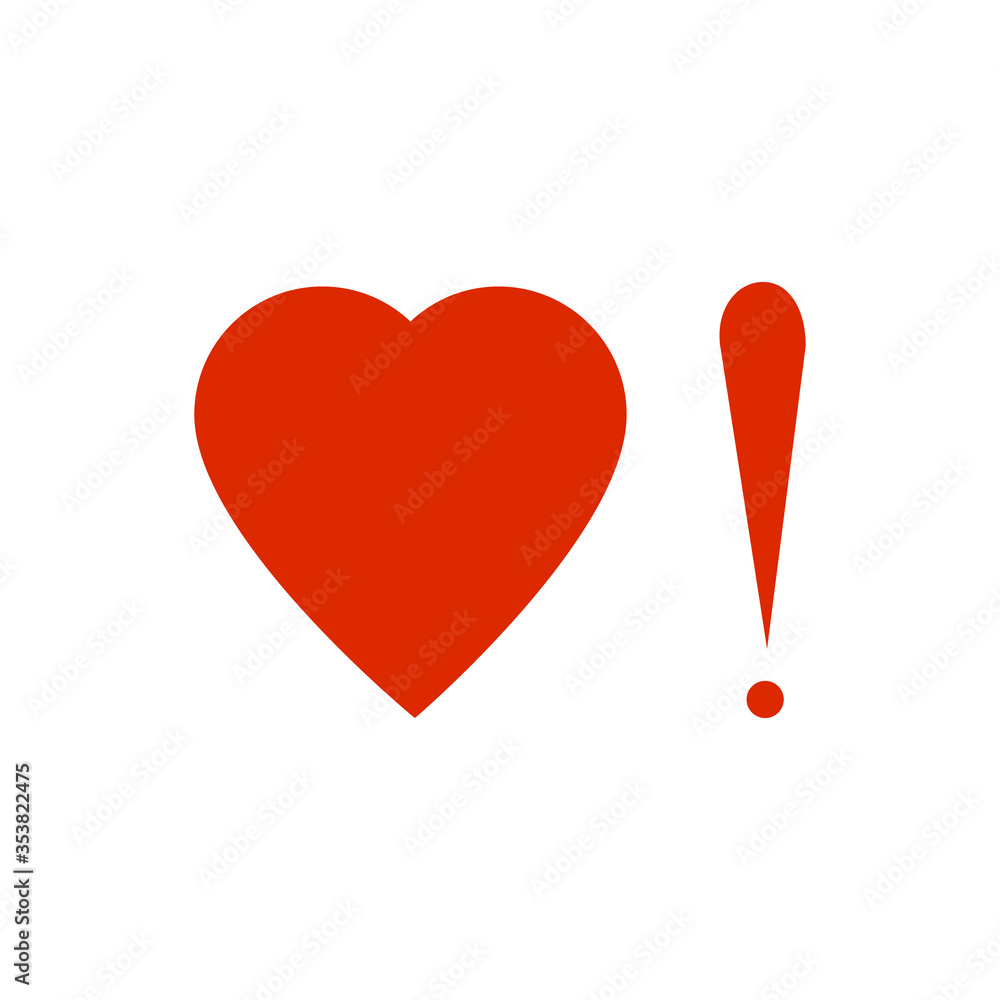 Red heart with exclamation mark, isolated simple vector illustration ...