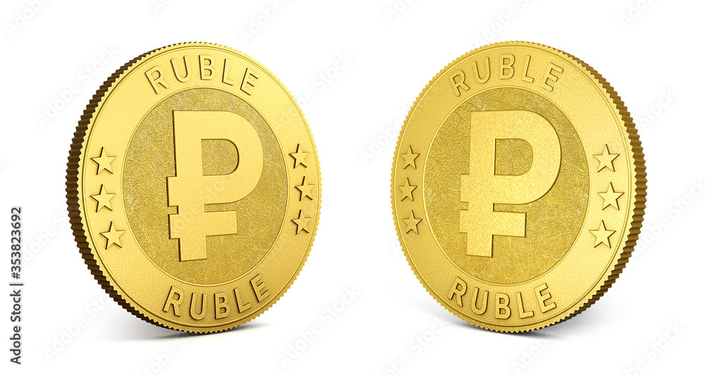 Gold coins with Russian Rouble sign isolated on a white background. 3d ...