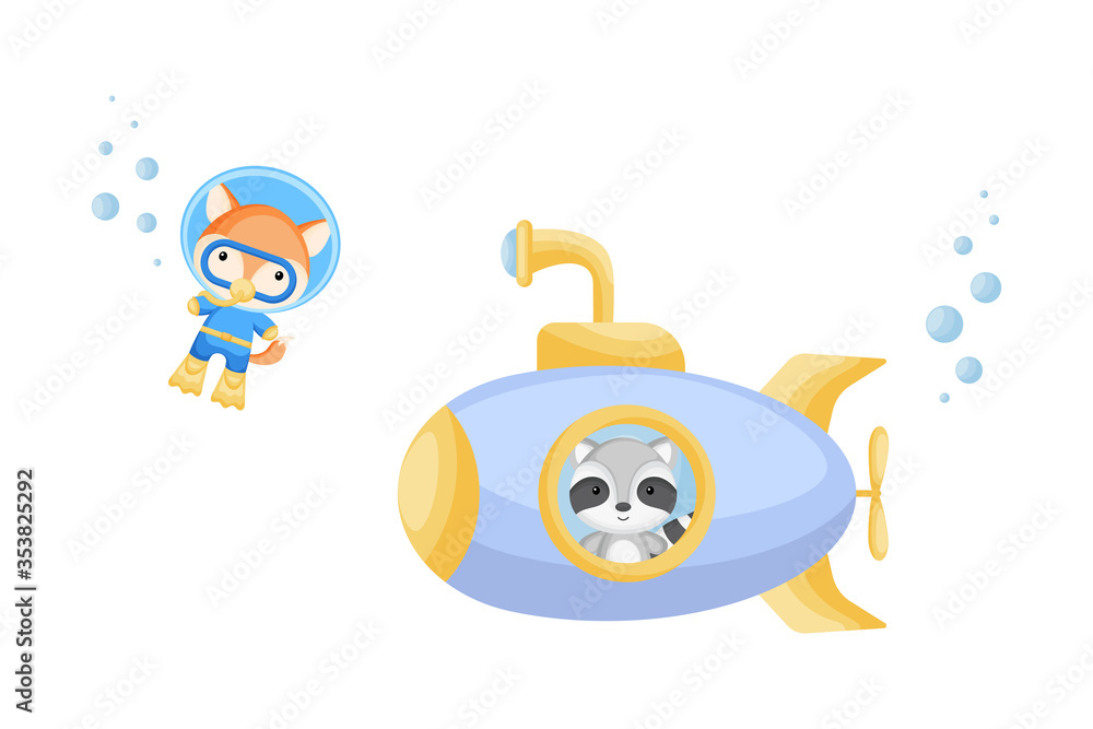 Cute cartoon raccoon looks out of submarine window and cute fox in ...