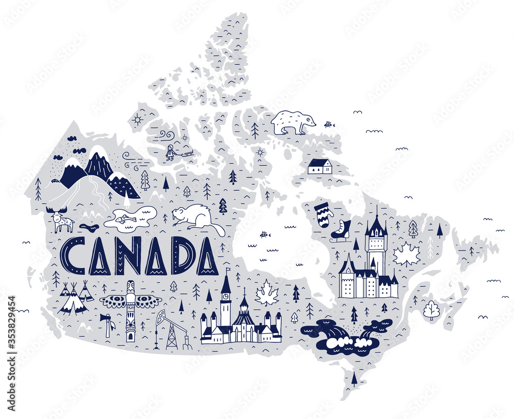 Hand-drawn travel map of Canada with lettering and landmarks isolated ...