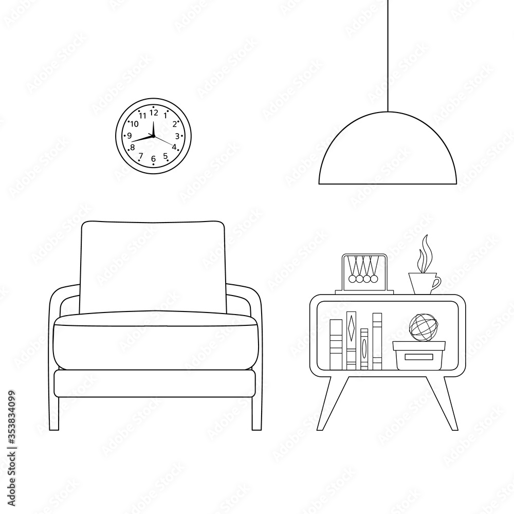 Rest area with an armchair, a bedside table and a lamp in outline style ...